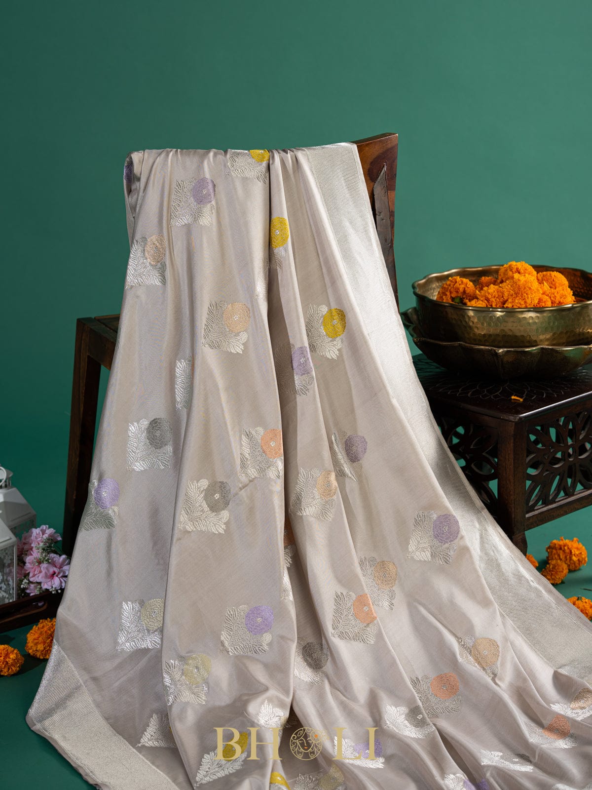 alfi kaduwa buta pure katan silk taupe color banarasi | Bholi Sarees